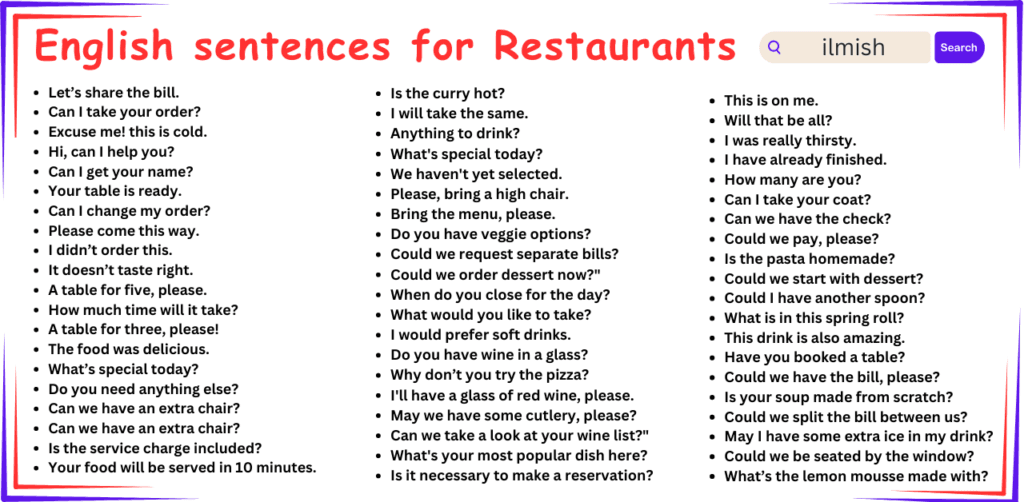 100 Restaurant Sentences in English for Conversation with Pictures - ilmish