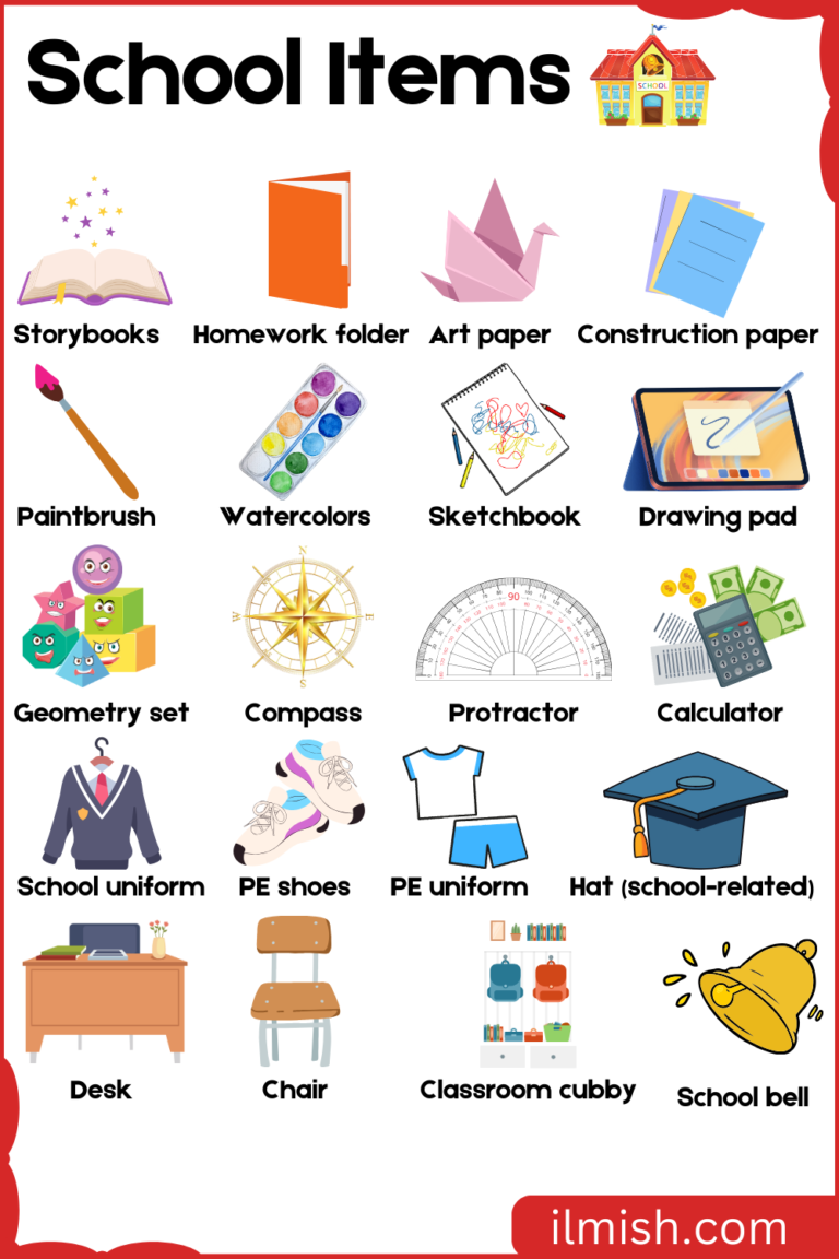 School Items Names in English and Pictures for kids - ilmish