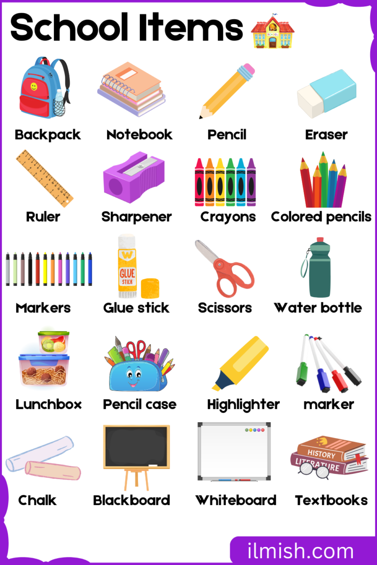School Items Names in English and Pictures for kids - ilmish
