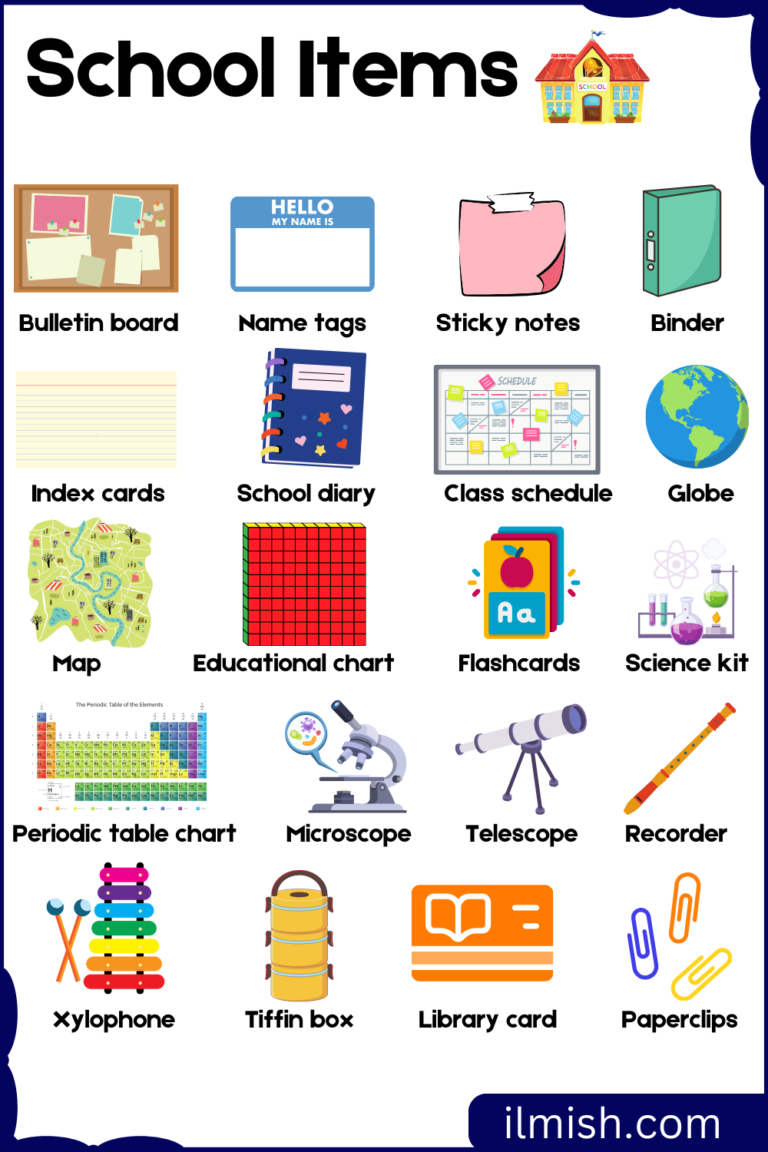 School Items Names in English and Pictures for kids - ilmish