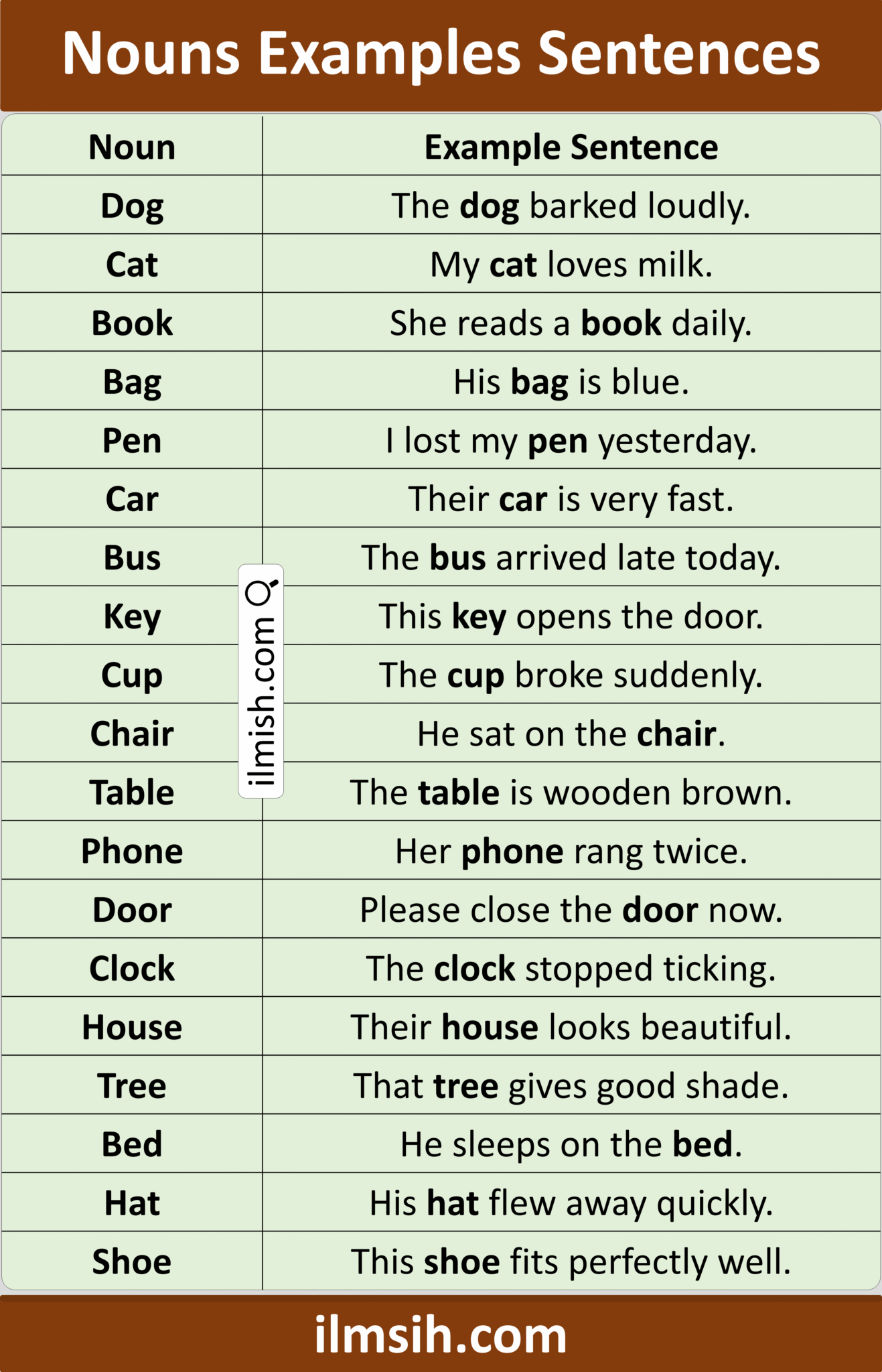 100 Nouns with Example Sentences in English with pictures - ilmish