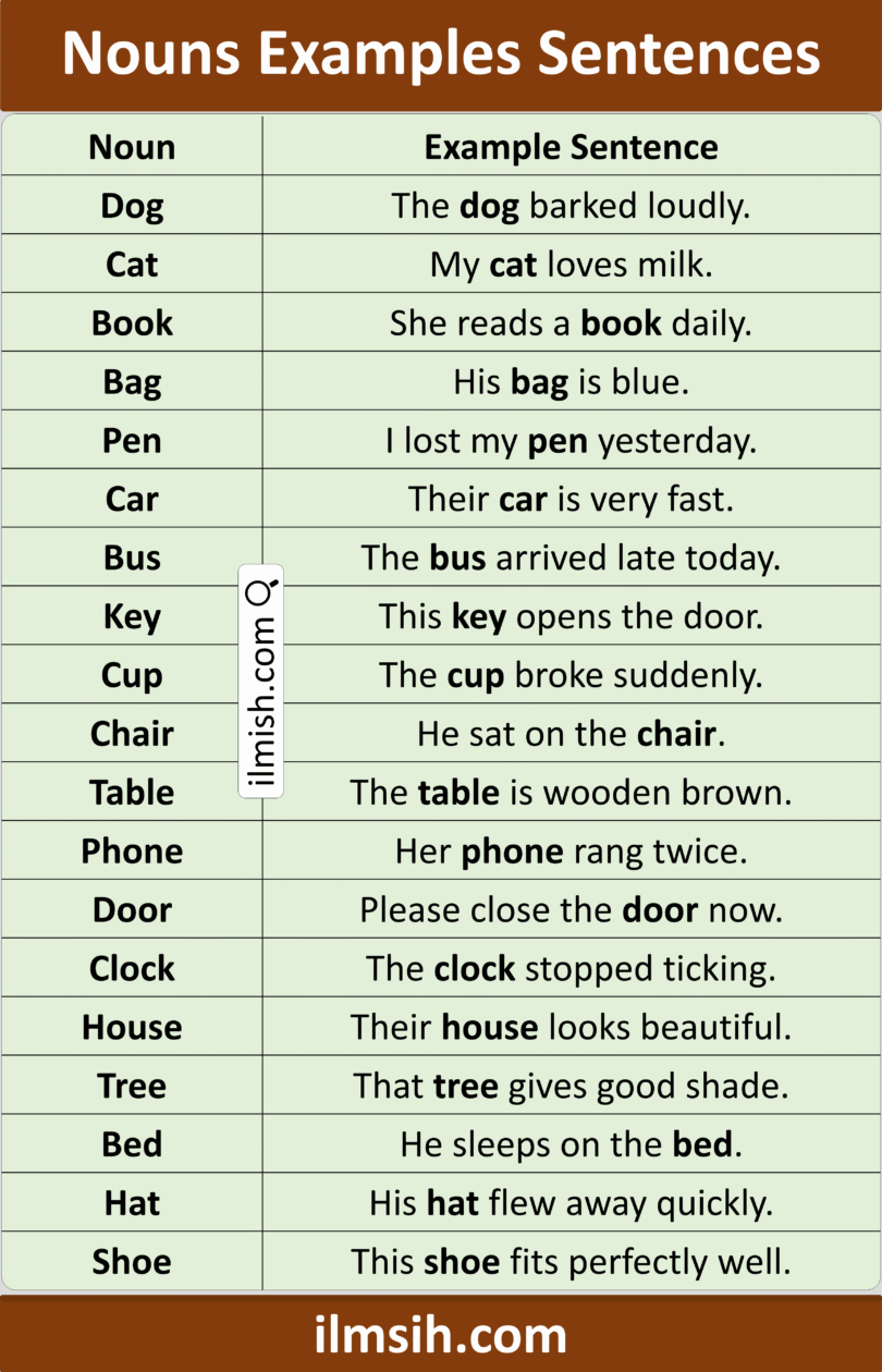 100 Nouns with Example Sentences in English with pictures - ilmish
