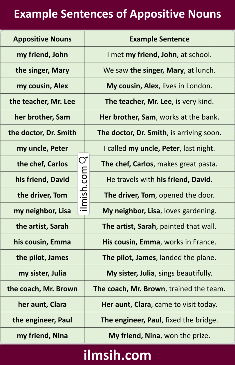 Example Sentences of Appositive Nouns in English with Pictures - ilmish