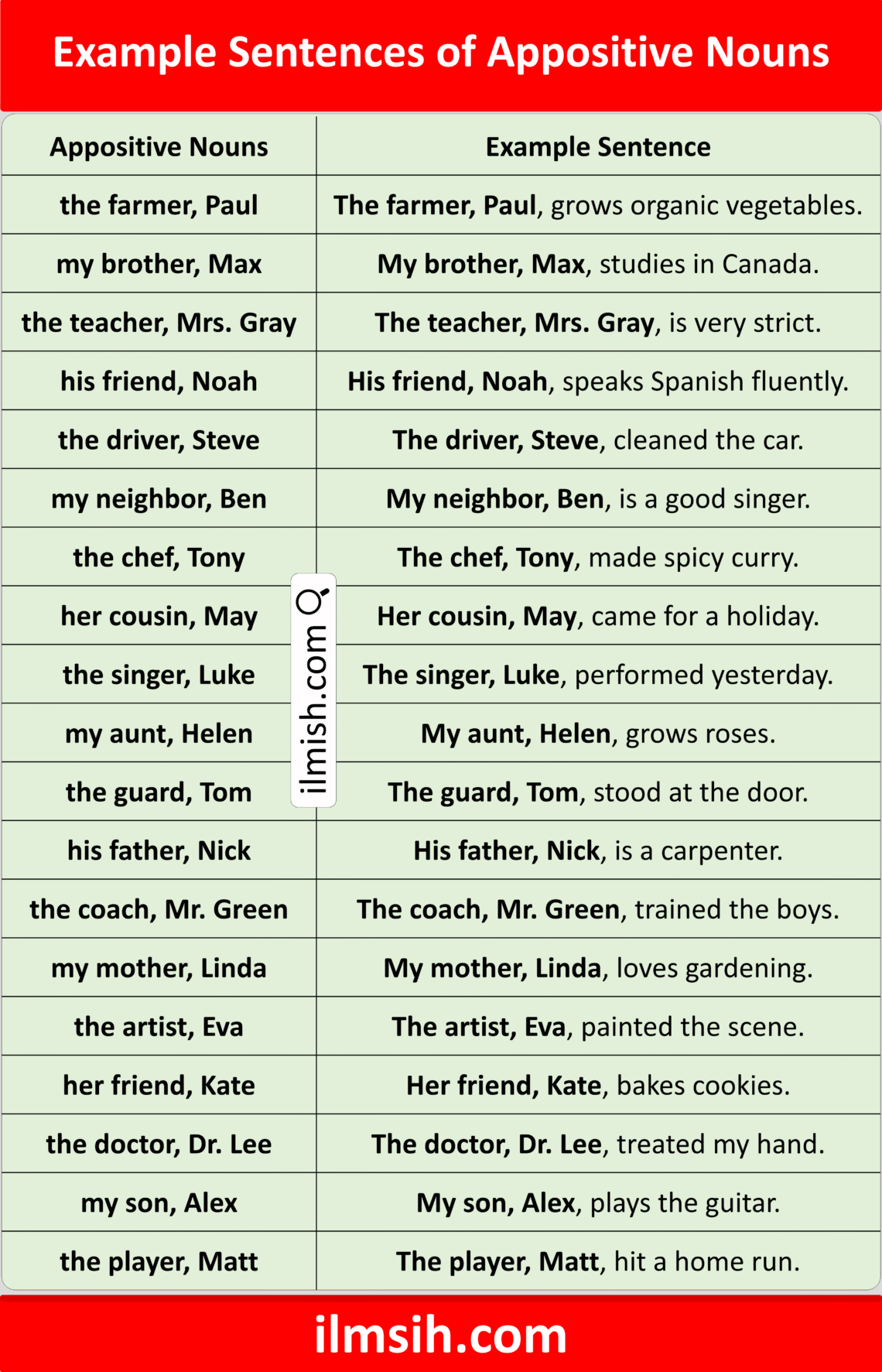 Example Sentences of Appositive Nouns in English with Pictures - ilmish