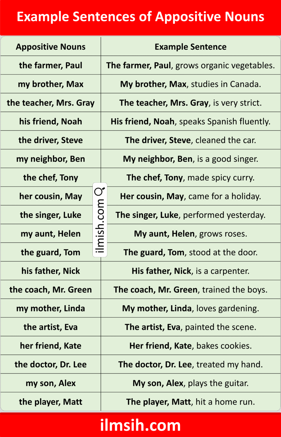 Example Sentences of Appositive Nouns in English with Pictures - ilmish