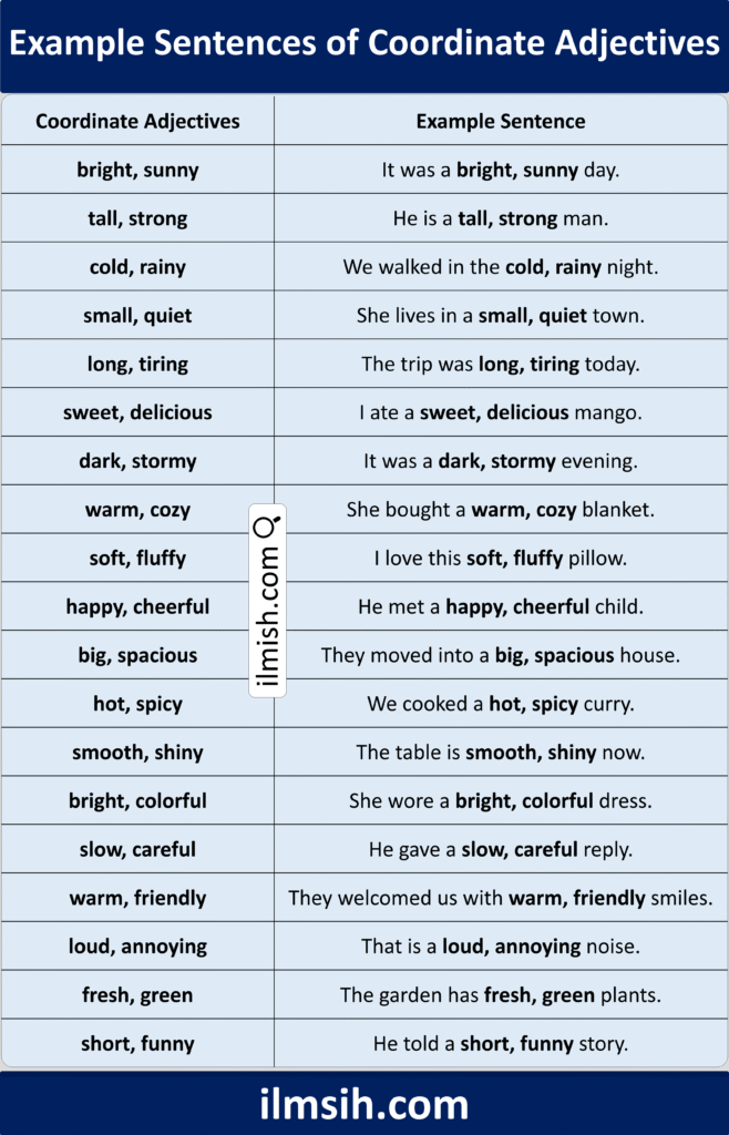 100 Example Sentences of Coordinate Adjectives in English - ilmish