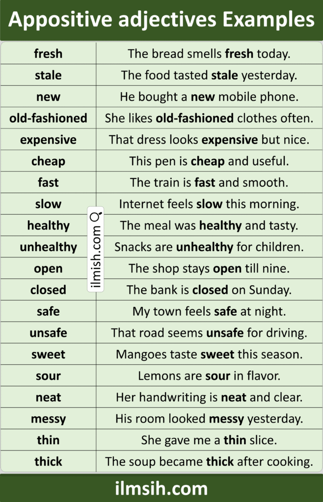 Examples of Appositive adjectives in English with Pictures - ilmish