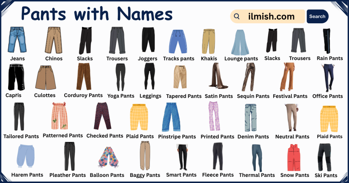 List of Pants with Types and Names in English with Pictures - ilmish