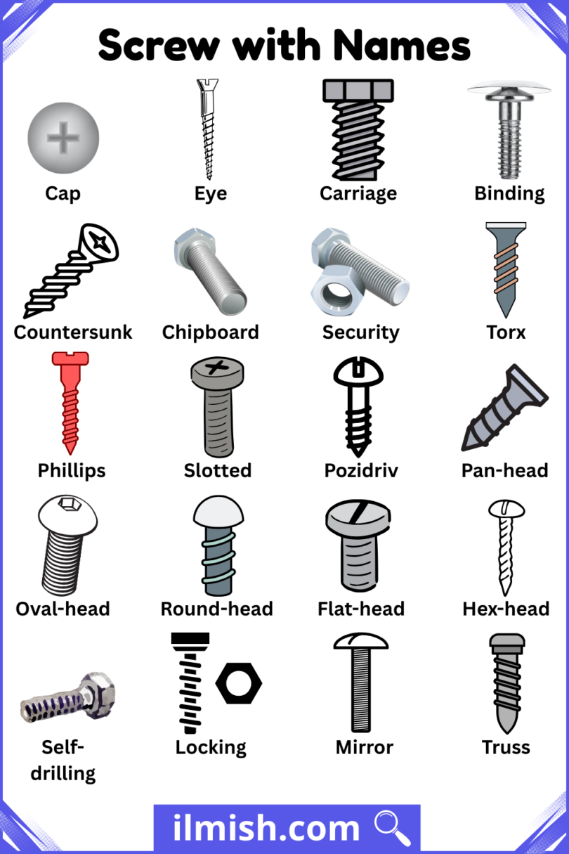 List of Screws with Names and Types in English with Pictures - ilmish